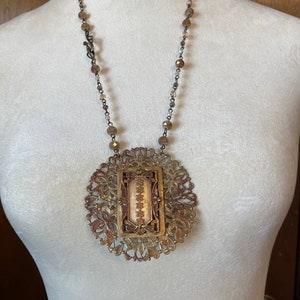 Neo-victorian Style Round Brass Filigree Pendant Layered With Vintage ...