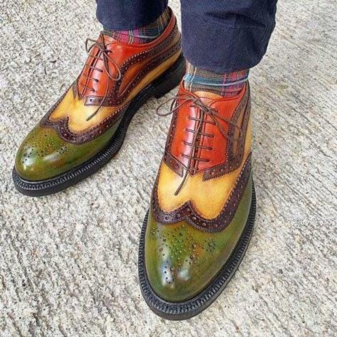 Men's Handmade Three Tone Multi Colors Leather Oxford Brogue Wingtip ...