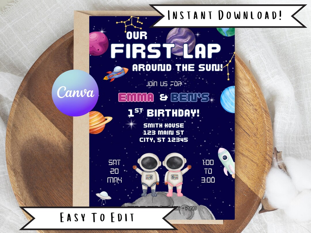 Outer Space First Birthday Invitation: Astronaut Twins (digital ...