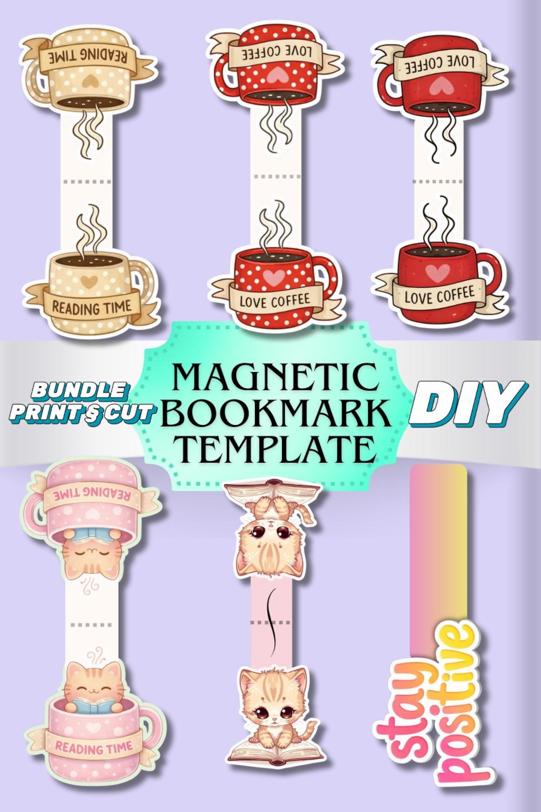 Printable Magnetic Bookmark Template - Kawaii Cat in Coffee Cup, Love ...