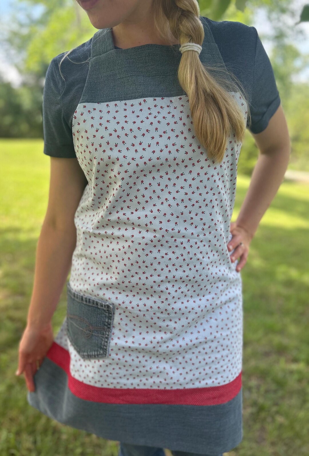 Baby Blue Apron: Red Flowers, Polka Dots & Upcycled Denim - Etsy