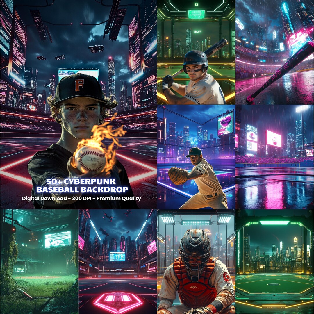 50 Cyberpunk Baseball Field Digital Backdrop – Neon Futuristic Sports ...
