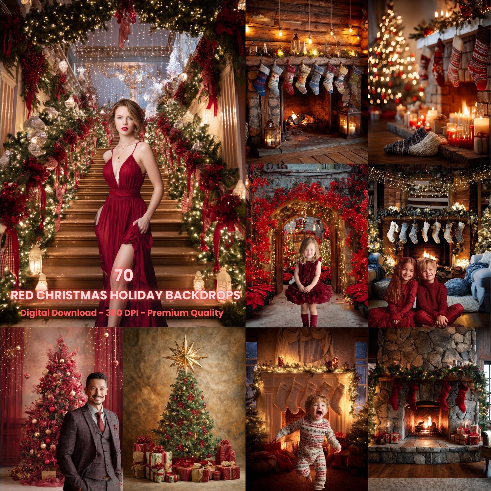 Red Christmas Photo Booth Backdrop, Holiday Family Photos (digital ...