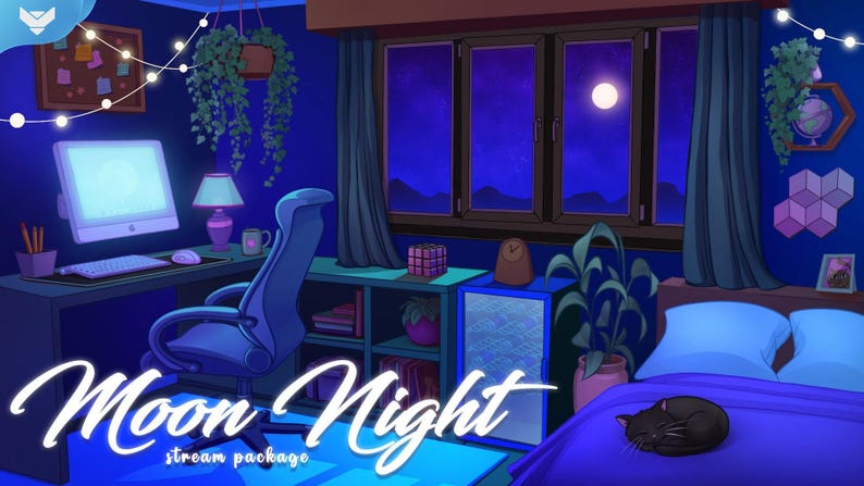 Moon Night Twitch Overlays | Chill and Cozy Bedroom Stream Package ...
