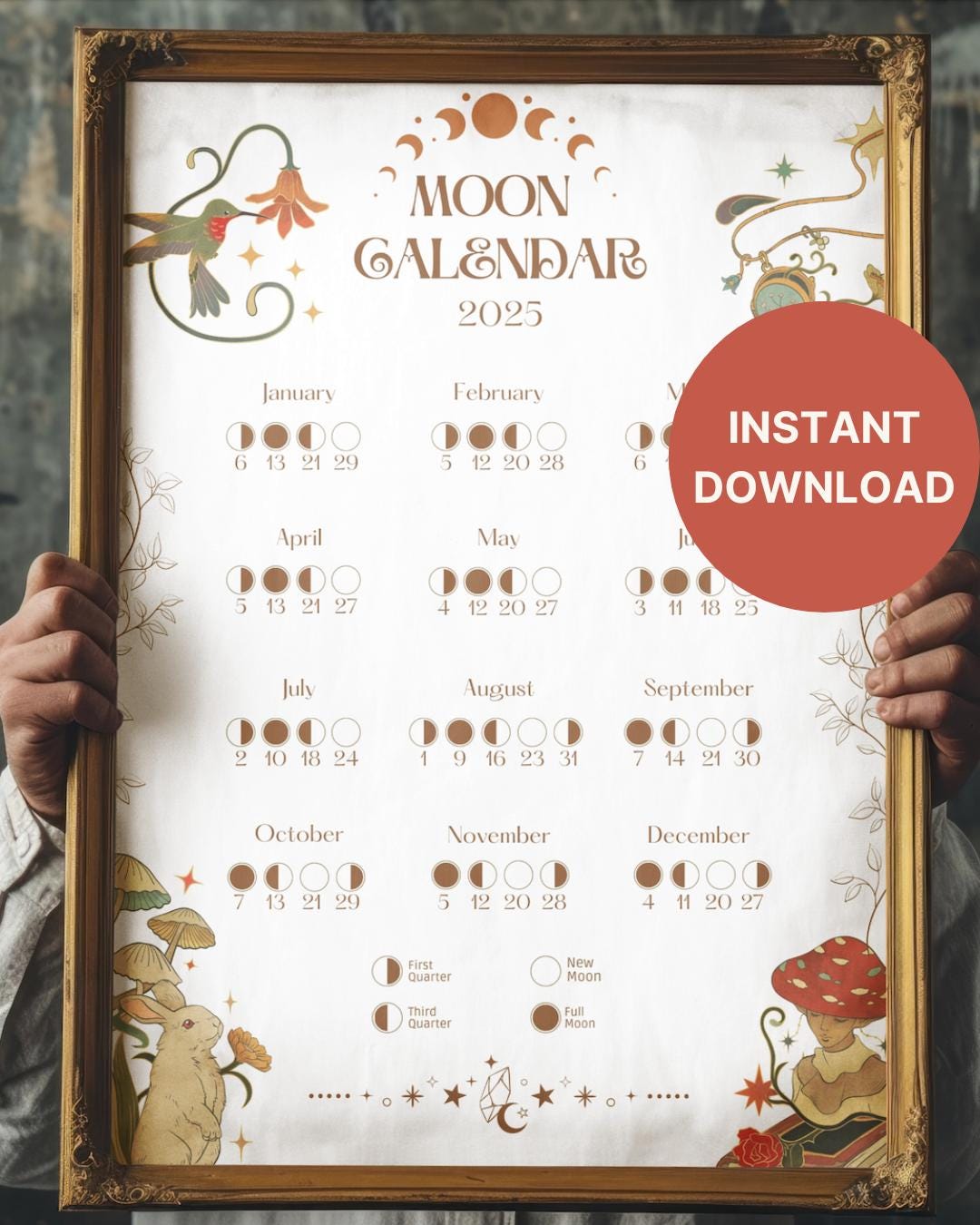 Moon Phase Wall Calendar 2025 Digital Download, Printable Lunar Phases ...