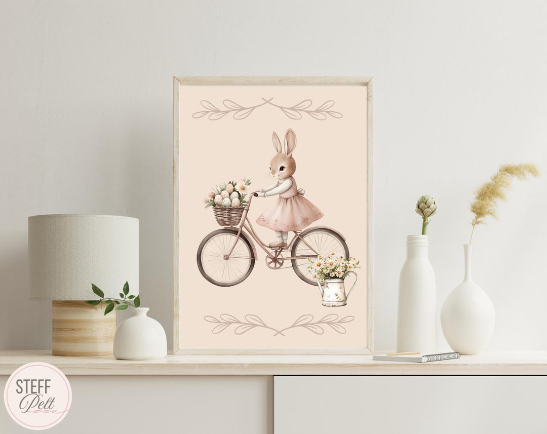 Bunny on a Bike Beige, Printeful Print - Instant Download – Digital Art ...