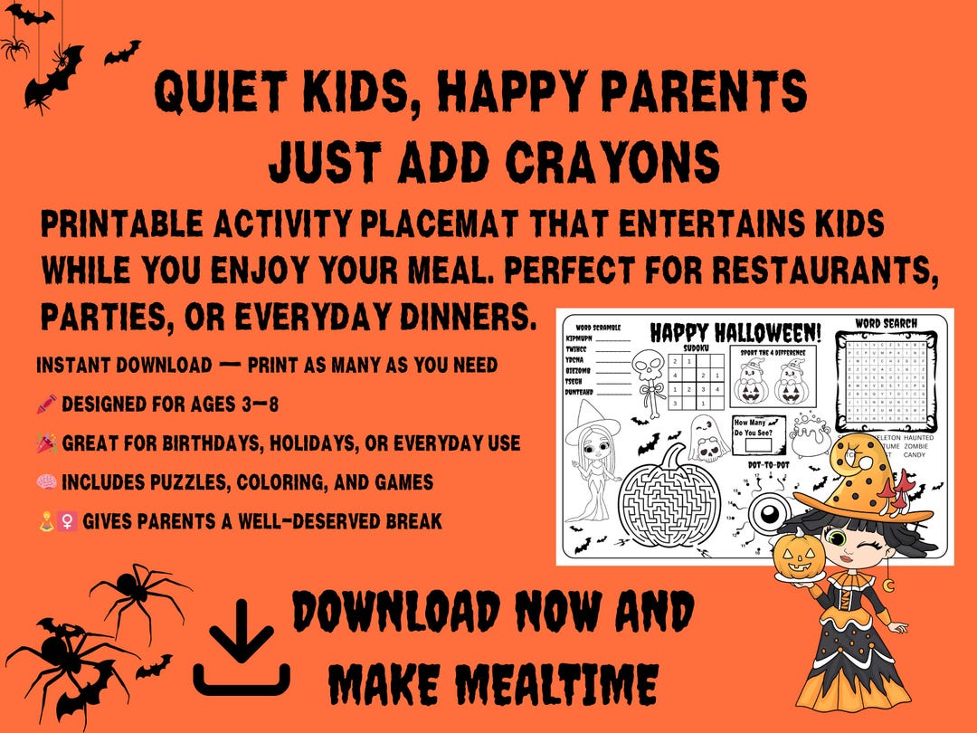 Halloween Kids Activity Placemat: Printable Coloring Pages (digital ...