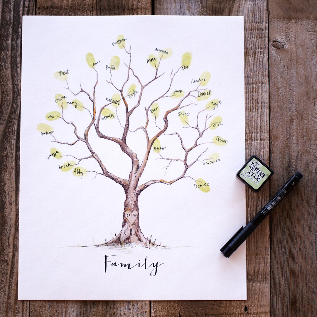 Watercolor Fingerprint Tree, Family Tree, W/ink Pad Pen, Olive ...