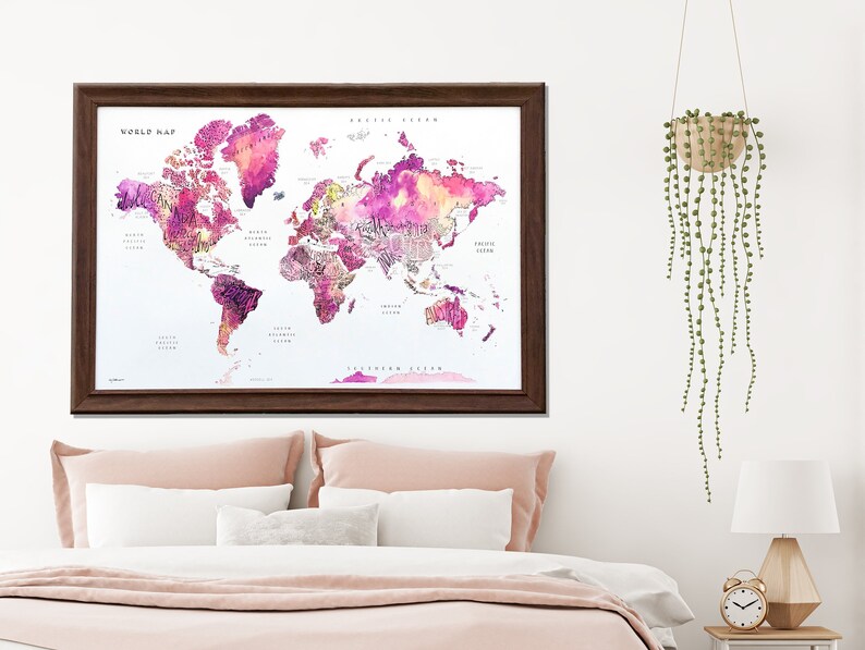 Watercolor World Map Hand Lettered Map Large Wall Map - Etsy