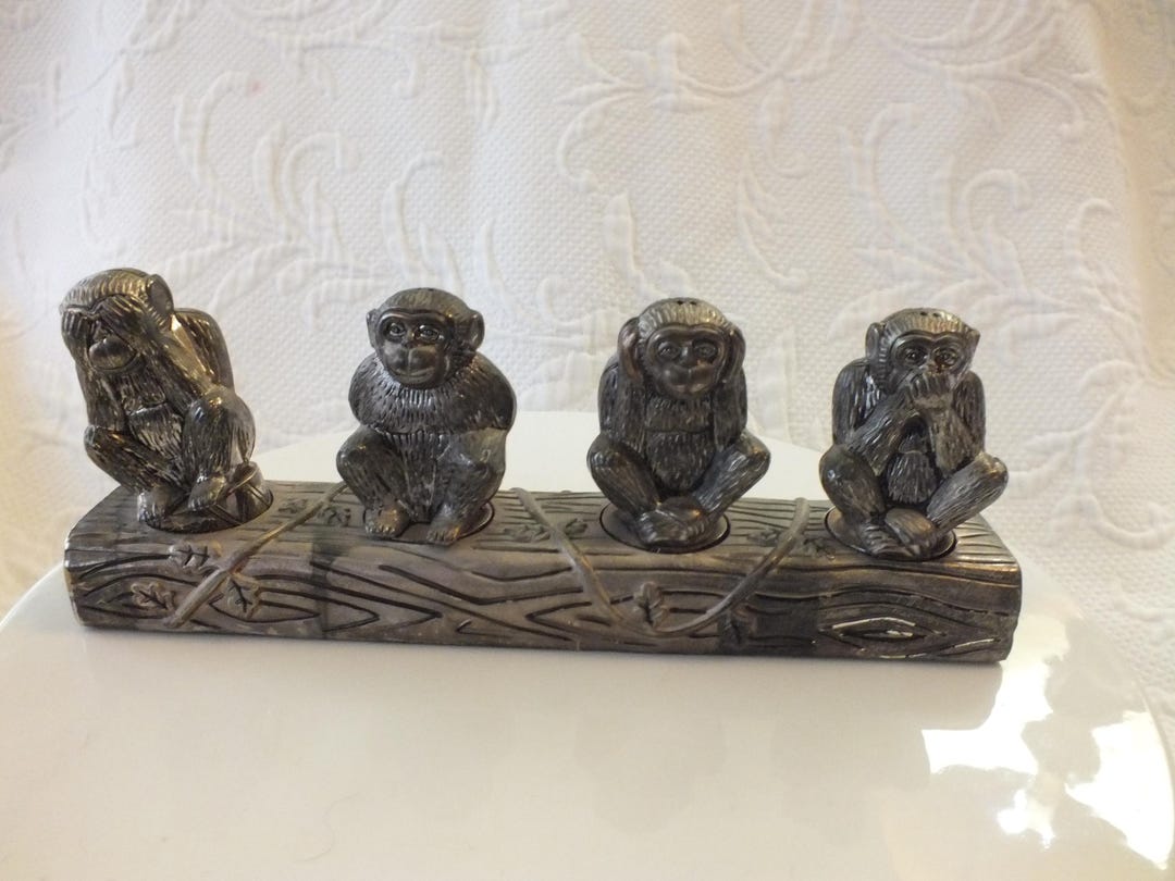 Godinger Salt and Pepper Shakers Monkeys on a Log Set of Four Silver ...