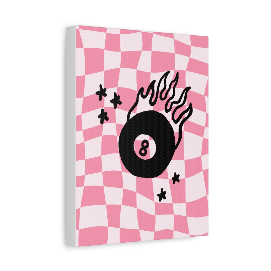 Fun Retro Wall Art Canvas, 8 Ball Design, Pink Checkered Background ...