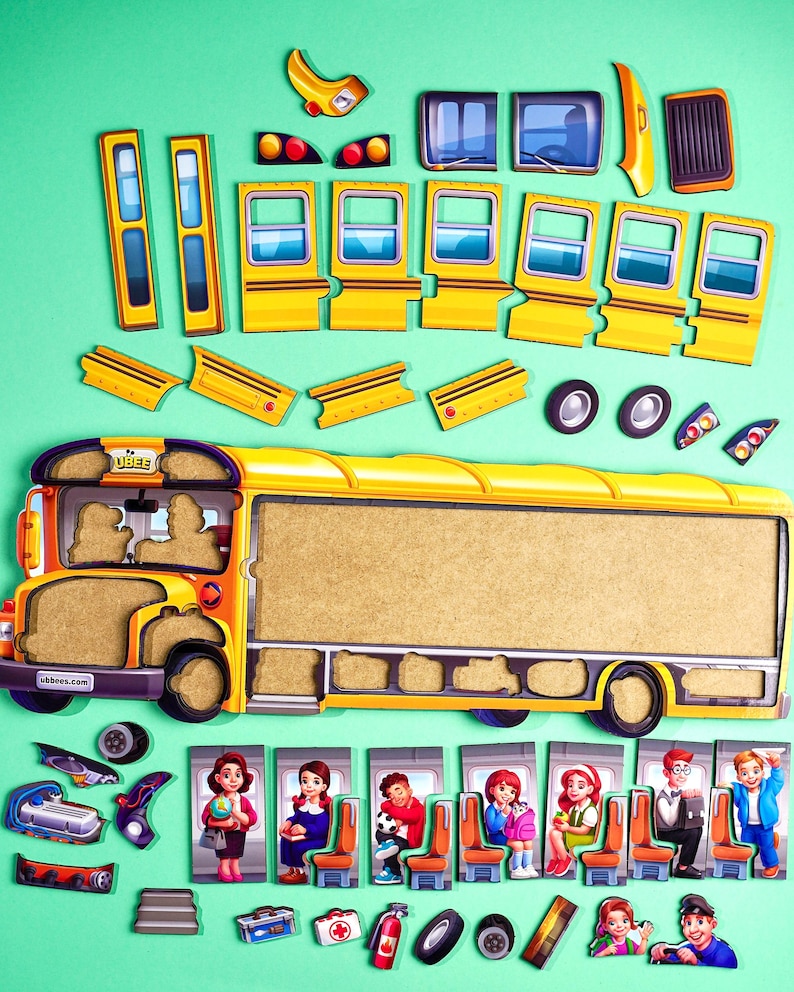 Montessori School Bus Puzzle - Wooden Toddler Toy - Shape Sorting ...
