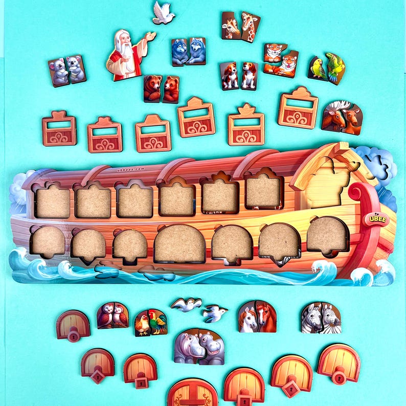 Noah's Ark Wooden Puzzle - Montessori Shape Sorting Toy - Double-layer ...
