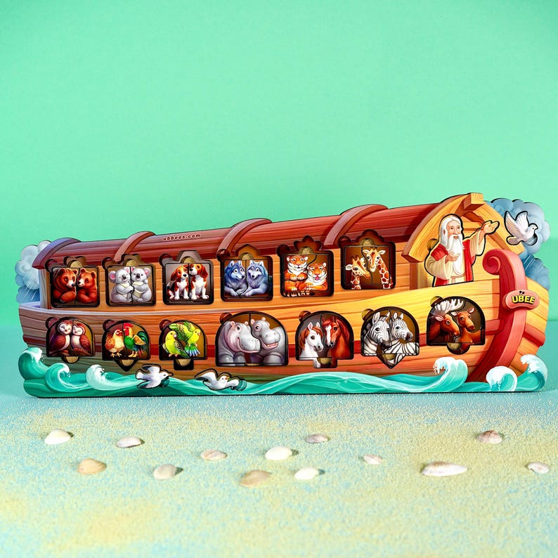 Noah's Ark Wooden Puzzle - Montessori Shape Sorting Toy - Double-layer ...
