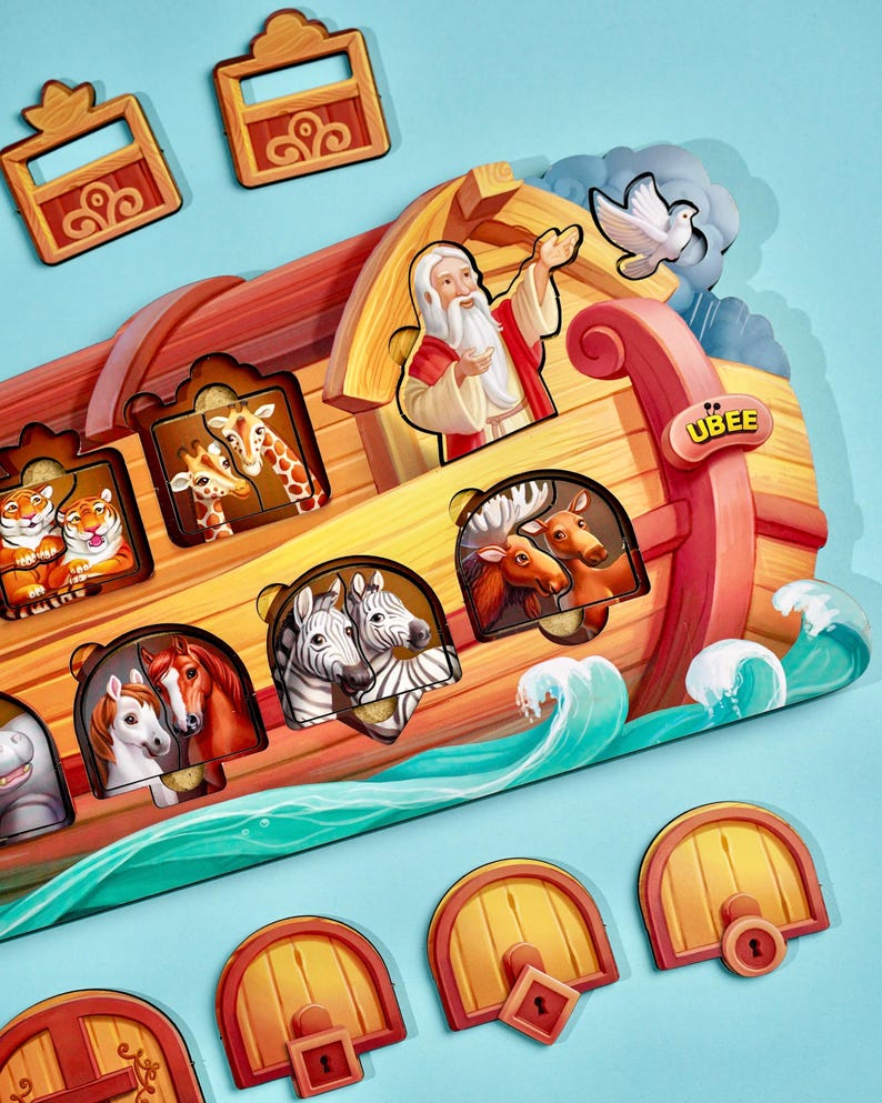 Noah's Ark Wooden Puzzle - Montessori Shape Sorting Toy - Double-layer ...