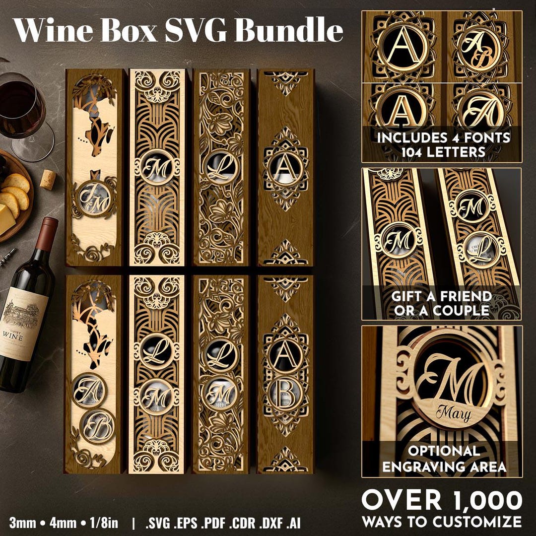Wooden Wine Box Gift Bundle Laser Cut Wine Bottle Holder DIY Wine Gift ...