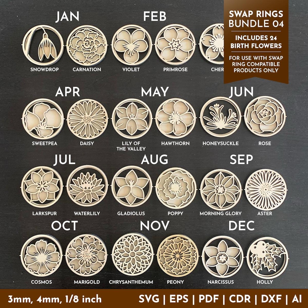 Swap Ring Bundle 04, Birth Flowers SVG Bundle, 24 Flowers, Laser Cut ...