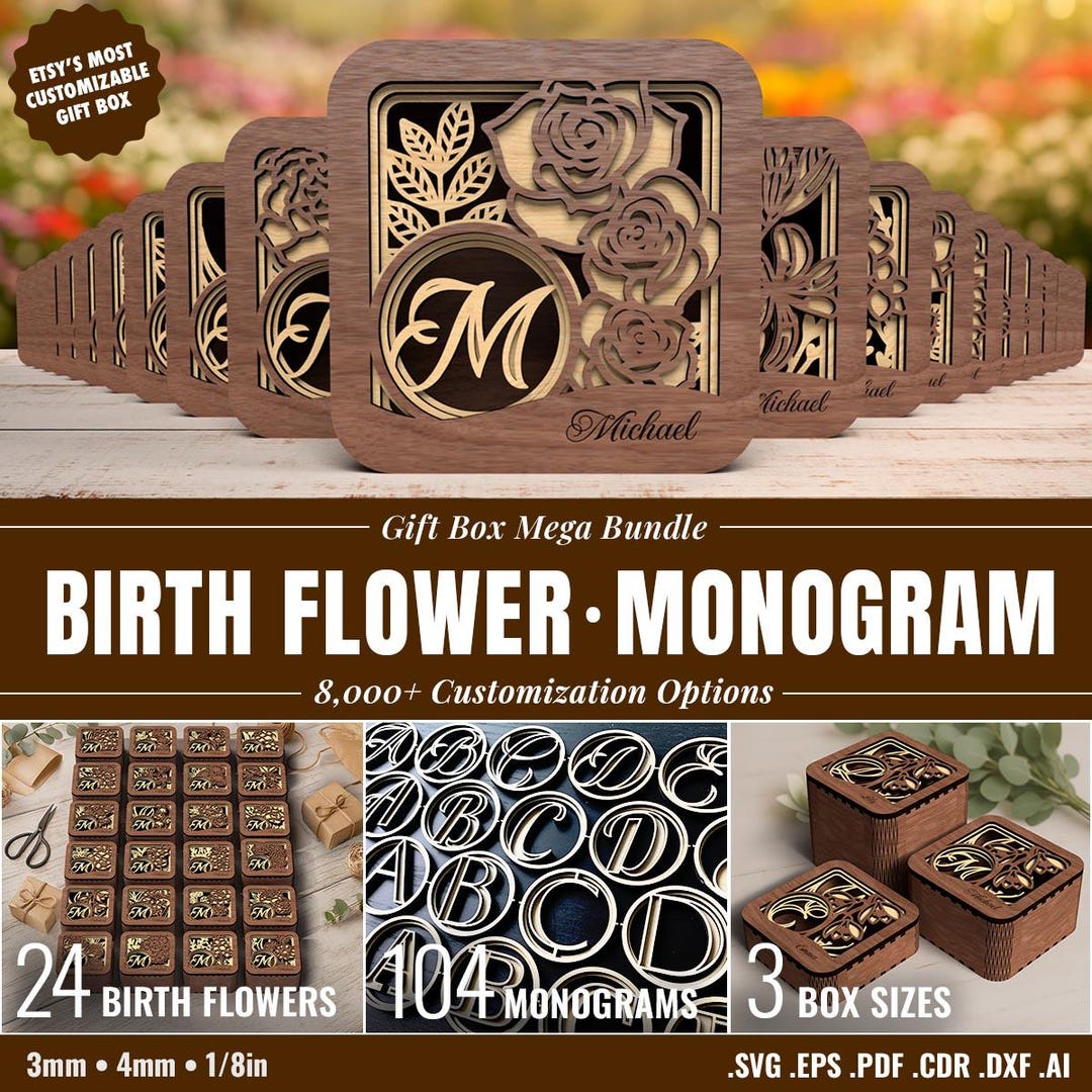24 Birth Flower Monogram Gift Box SVG Mega Bundle Decorative Wooden ...