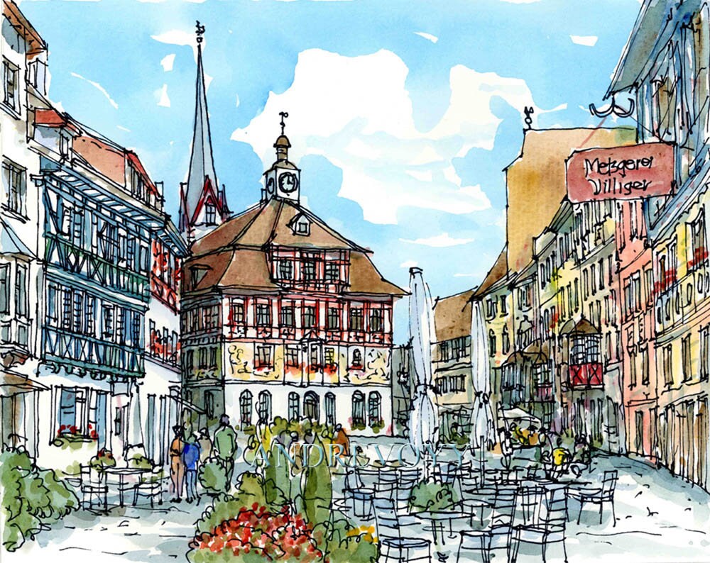 Stein Am Rhein , Germany Art Print From an Original Watercolor Painting ...