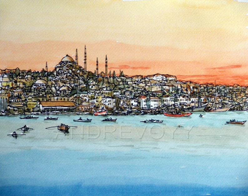 Istanbul Bosphorus Turkey Art Print From an Original Watercolor ...