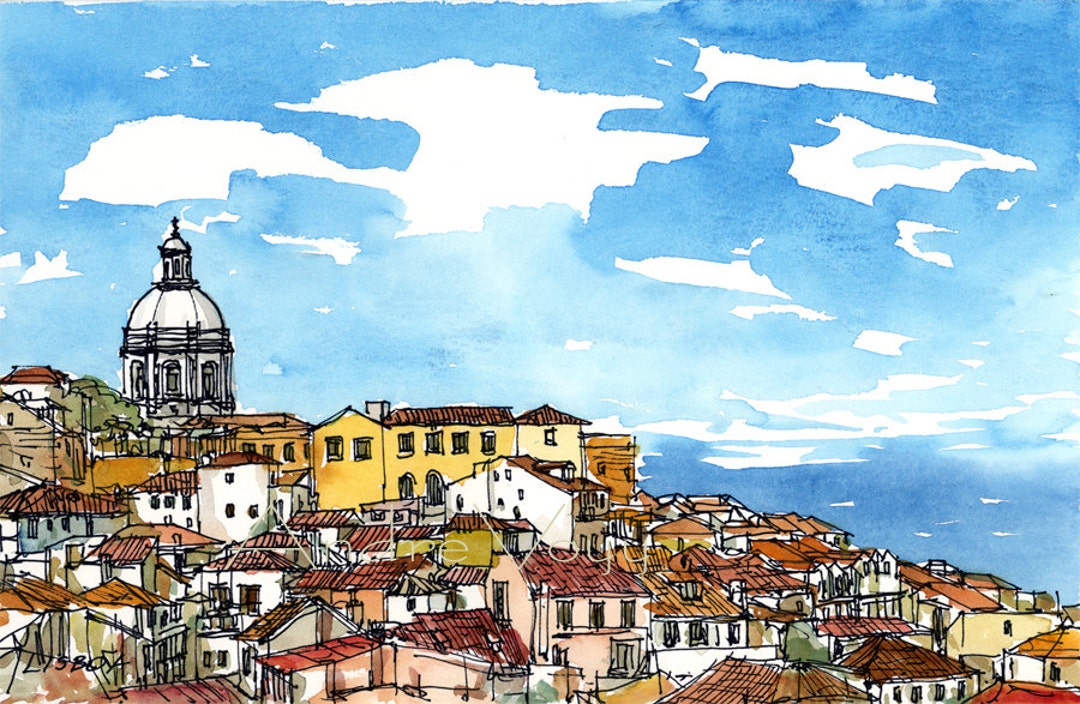 Lisbon Lisboa Portugal Art Print From an Original Watercolor Painting ...