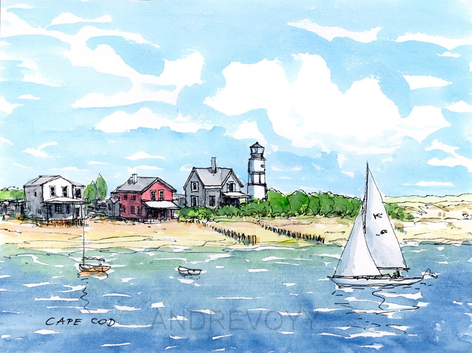 Cape Cod MA art print from an original watercolor painting | Etsy