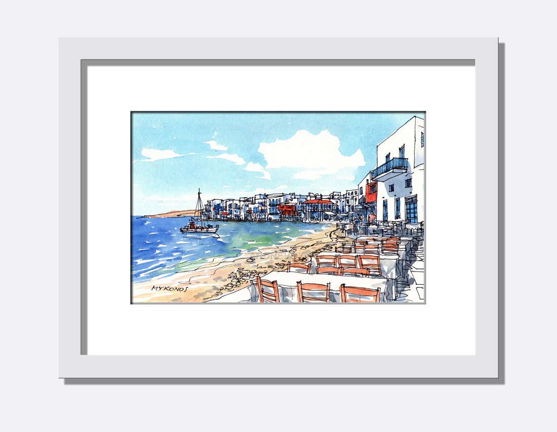 Mykonos Waterfront Greece Art Print From an Original Watercolor ...