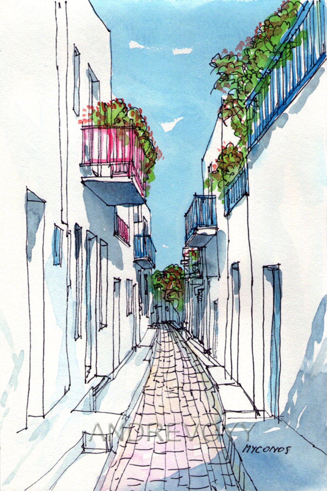 Mykonos Small Street Greece Art Print From an Original Watercolor ...