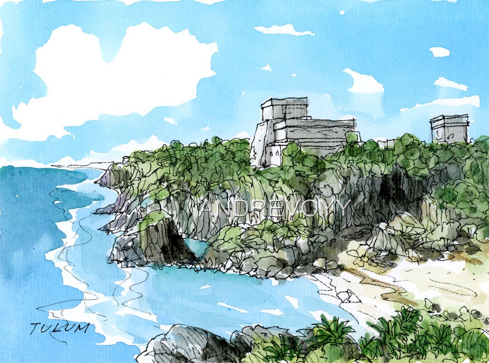 TULUM MEXICO art print from an original watercolor painting | Etsy