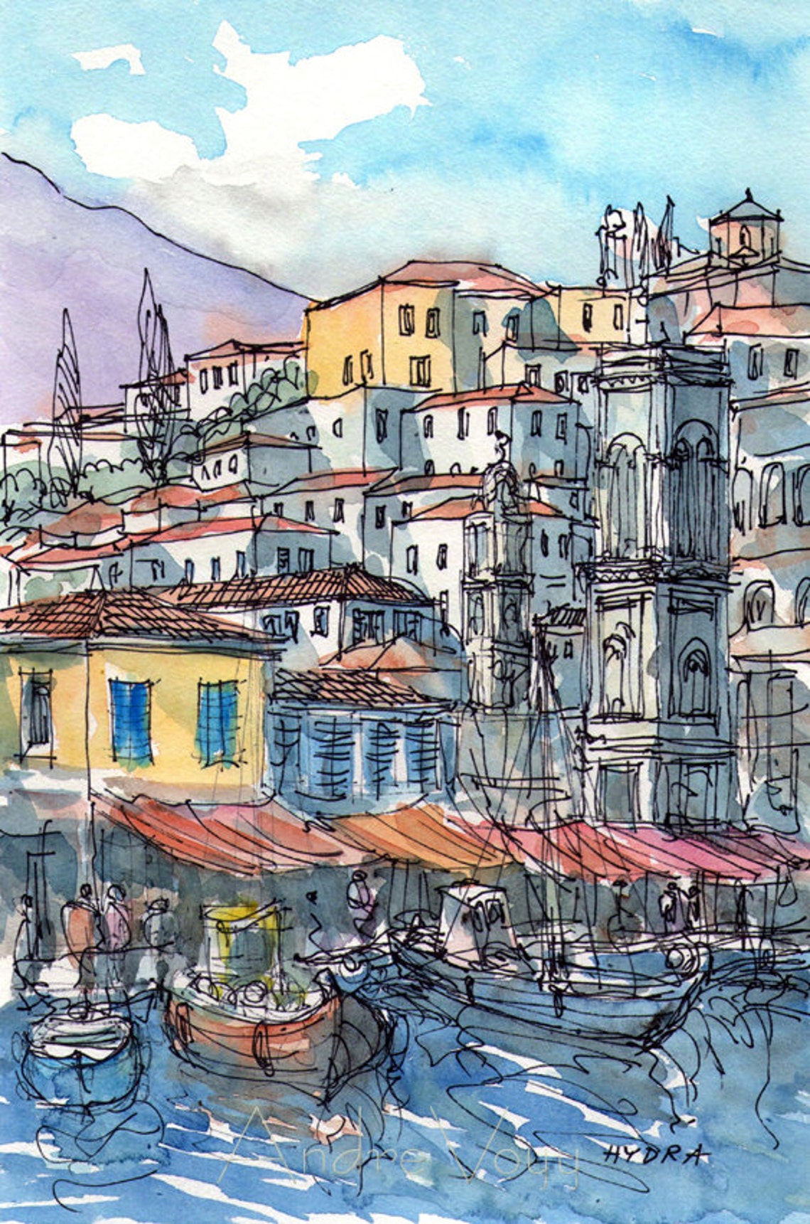 Hydra Port 1greece Art Print From an Original Watercolor - Etsy