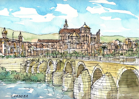Cordoba Bridge Spain Art Print From an Original Watercolor - Etsy