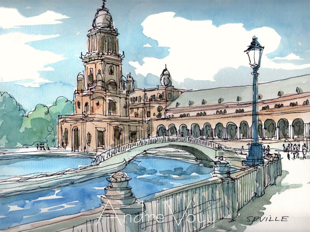 Seville Plaza De Espana Spain Art Print From an Original Watercolor ...