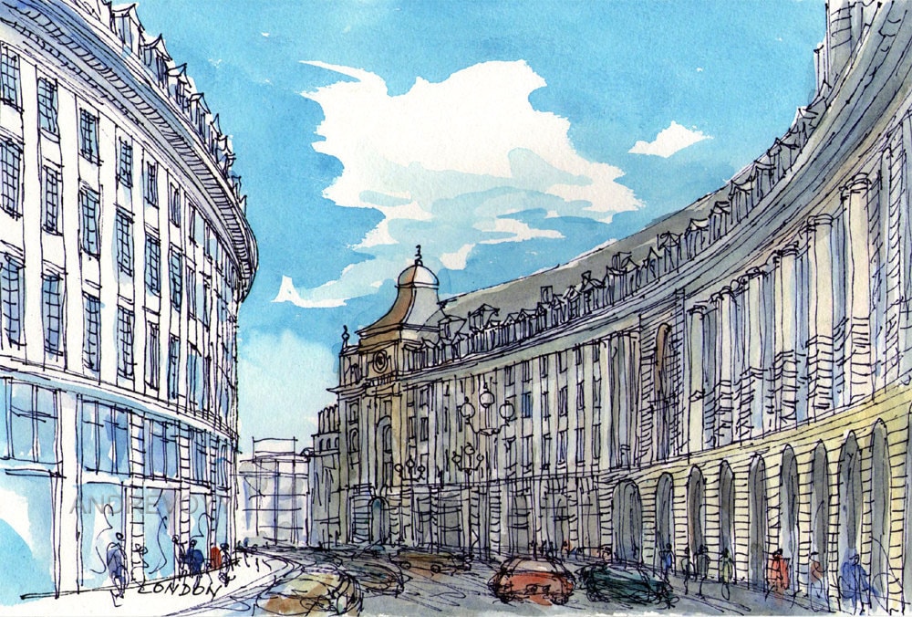 London Regent Street Art Print From an Original Watercolor | Etsy