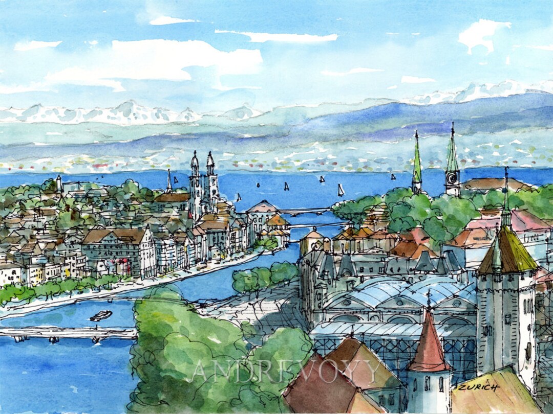 Zurich Switzerland Art Print From an Original Watercolor Painting - Etsy