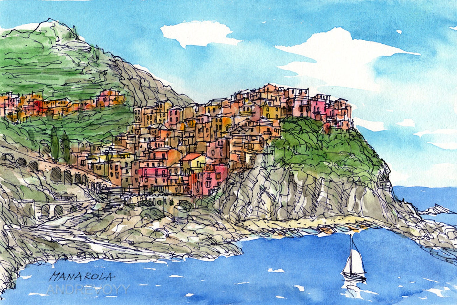 Manarola Italy Art Print From an Original Watercolor Painting - Etsy