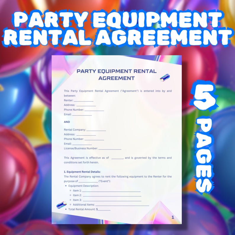 5-page Party Rental Agreement, Equipment Rental Contract, Editable PDF ...