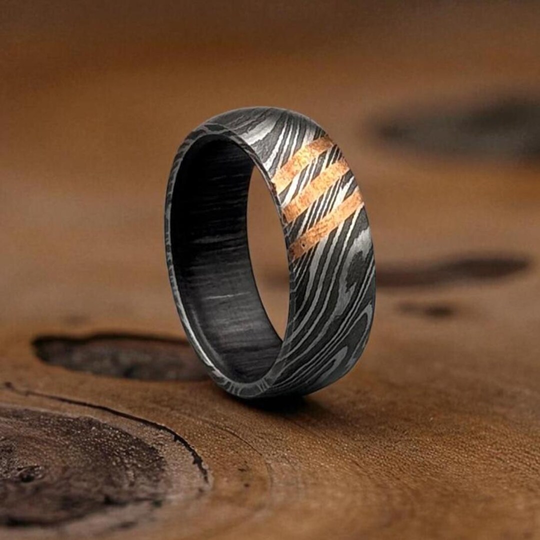Damascus Steel Dark Whiskey Barrel Steel Ring Dome Promise Ring Wood ...