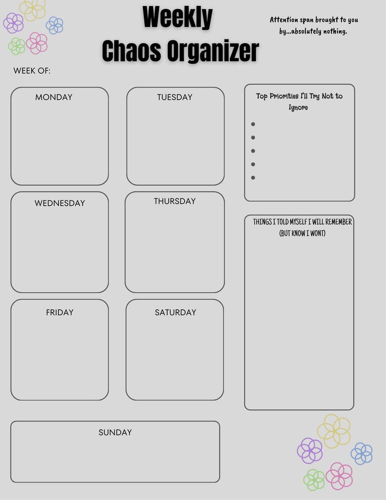 Printable Weekly Planner – Funny Chaos Organizer - Etsy
