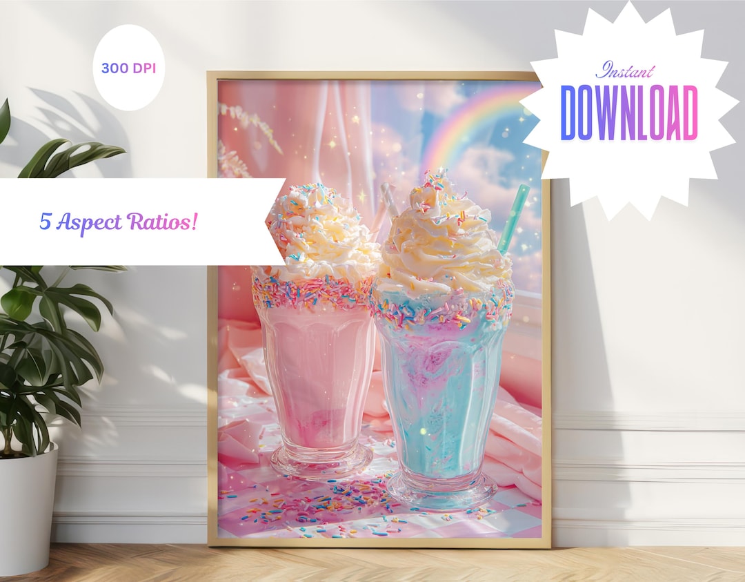 Pastel Milkshake Wall Art Set of 4 Whimsical Dessert Prints Pink Blue ...