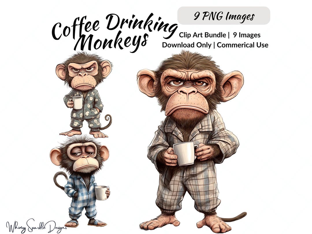 Monkey Clip Art Bundle Monkey Drinking Coffee PNG 9 High-quality ...