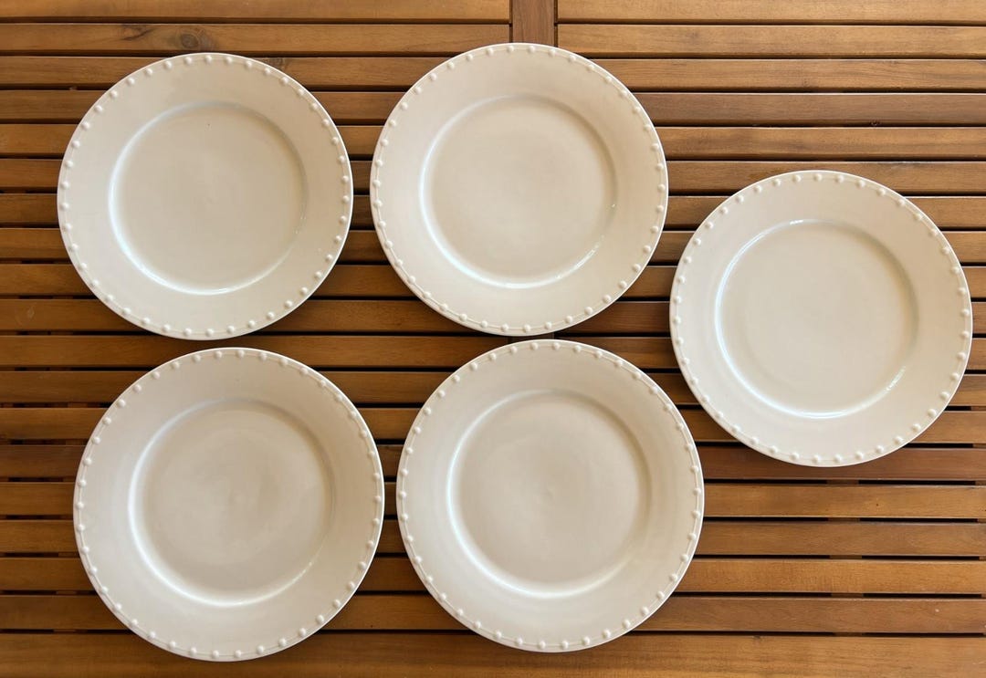 Oneida Evening Pearls 10.75” Dinner Plate – White Beaded Rim Stoneware ...