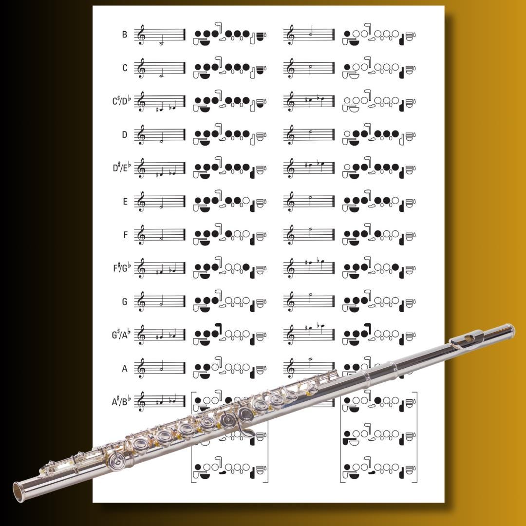 Flute Fingering Chart - Beginner to Advanced - 2 Page Digital Download ...