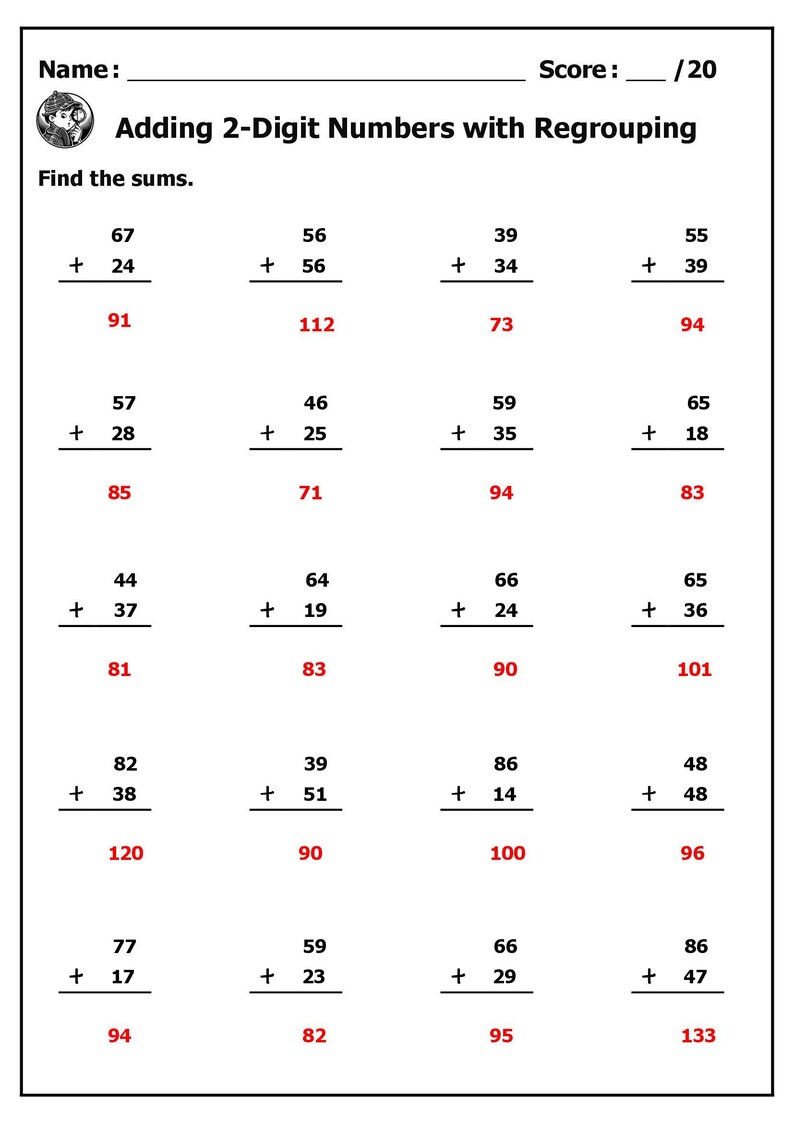 10 Printable Addition Worksheets, Fill in the Blanks - Double Digit ...