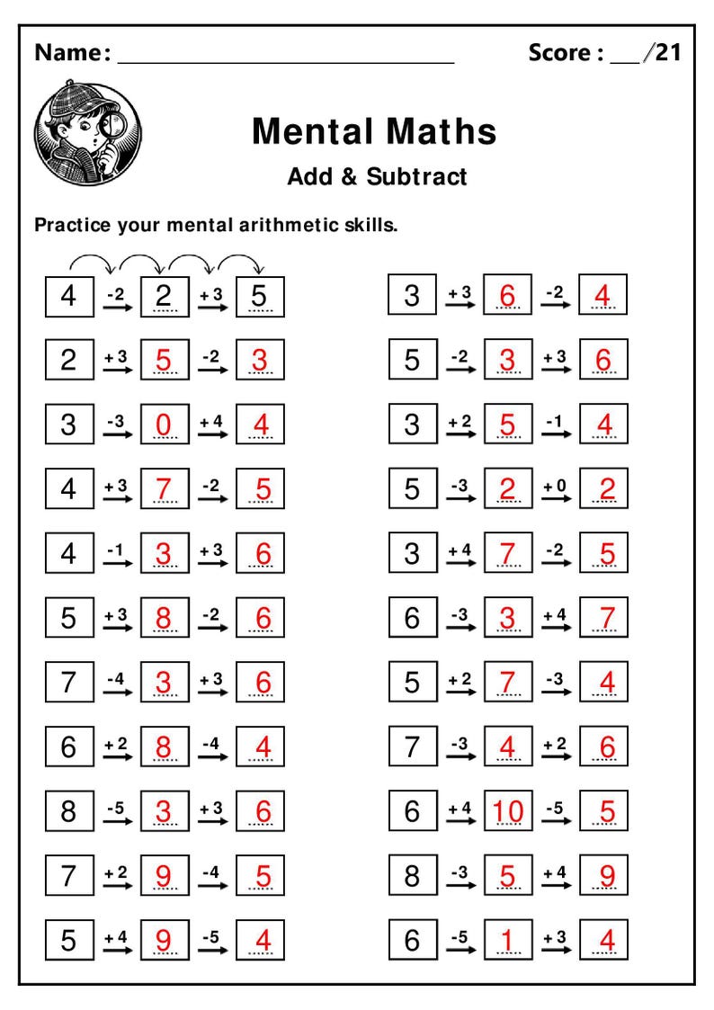 Mental Math Worksheet Bundle for Kids – 10 Printable Horizontal ...
