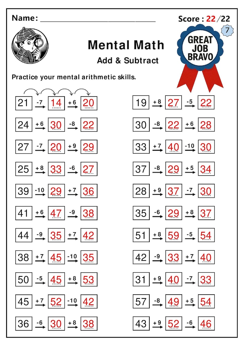 2nd & 3rd Grade Mental Math Worksheet Bundle – 10 Printable Horizontal ...