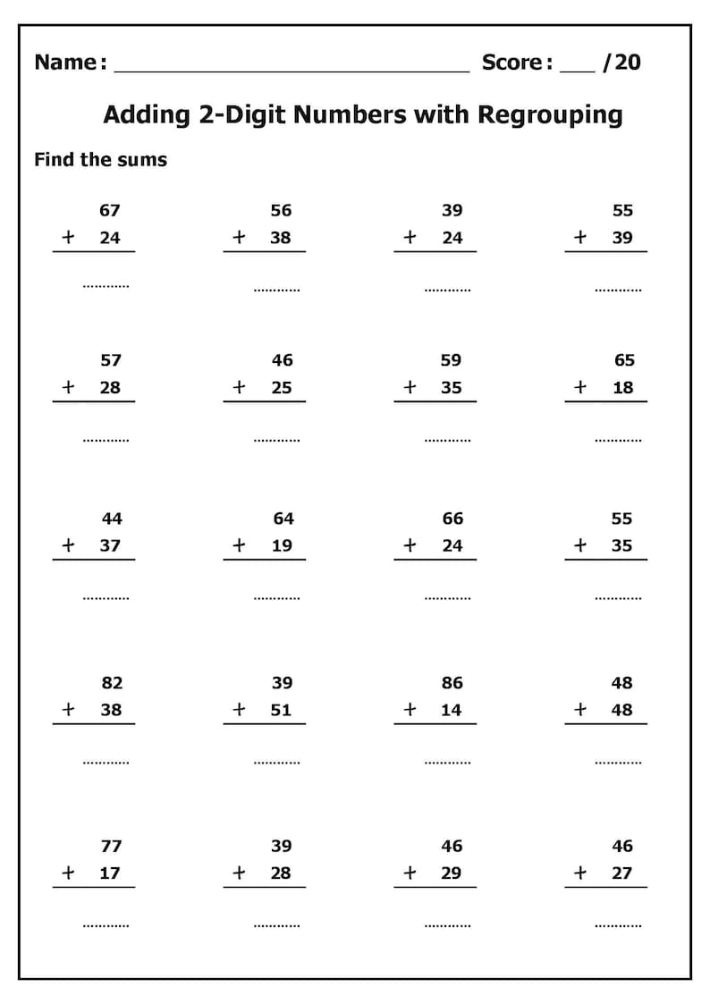 10 Printable Addition Worksheets, Fill in the Blanks - Double Digit ...
