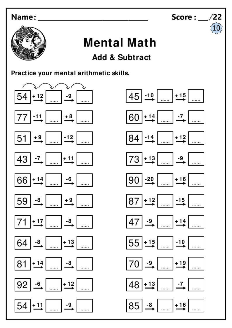 2nd & 3rd Grade Mental Math Worksheet Bundle – 10 Printable Horizontal ...