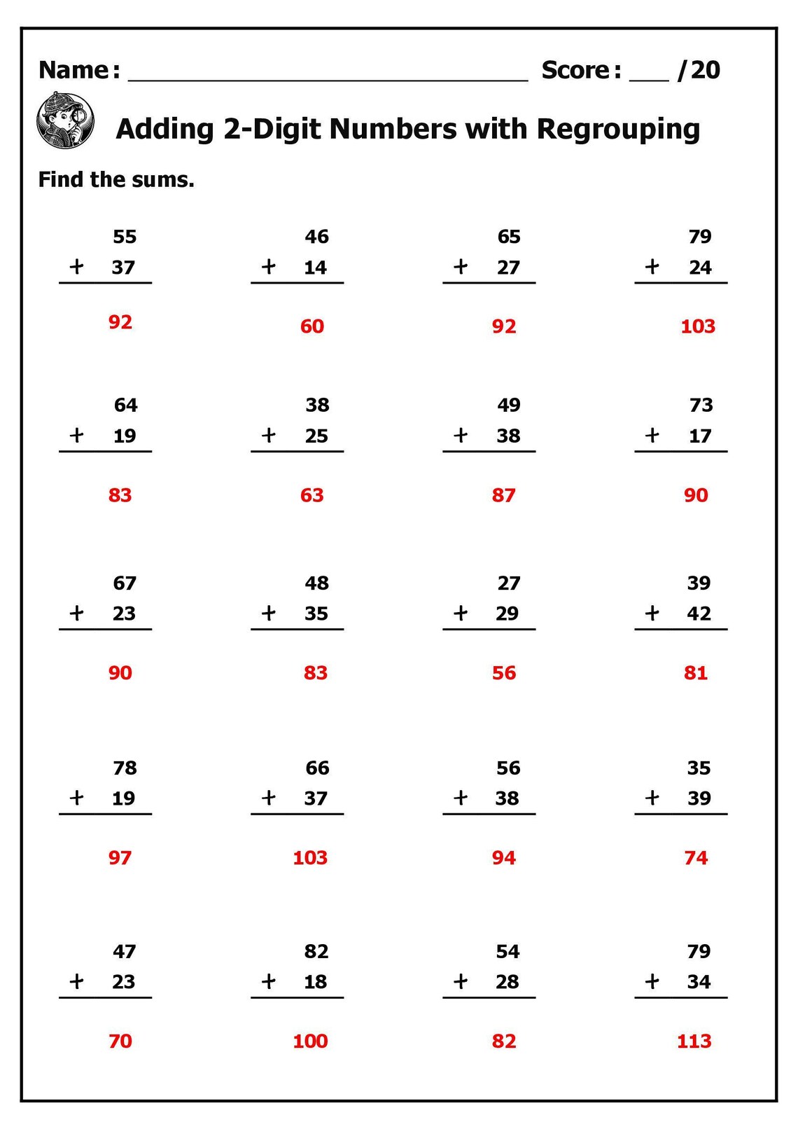 10 Printable Addition Worksheets, Fill in the Blanks - Double Digit ...