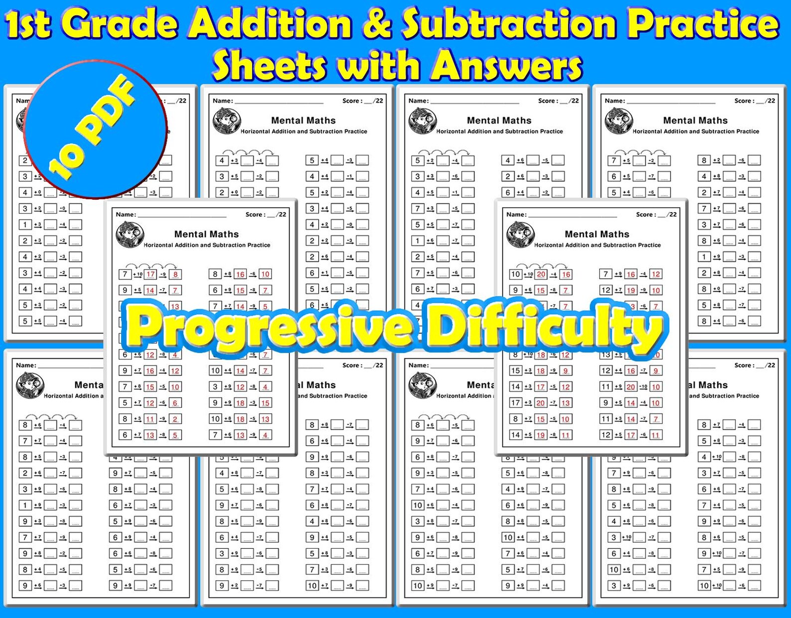 1st Grade Horizontal Addition & Subtraction Practice Sheets With ...