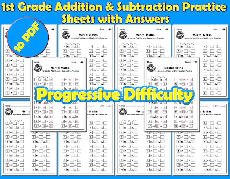 1st Grade Horizontal Addition & Subtraction Practice Sheets With ...